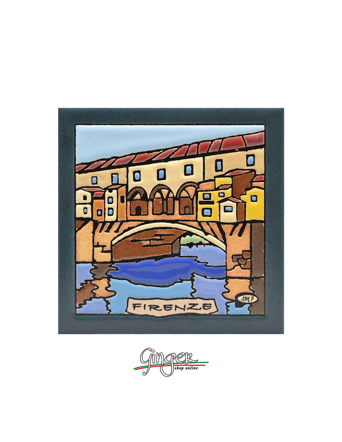 Hand painted and glazed ceramic tile - Florence: the Old Bridge (4.33x4 ...